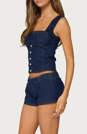 EDIKTED Aggie Ruched Button Denim Top