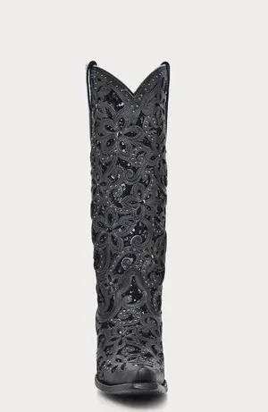 CORRAL Cowhide Embroidered Inlay Studded Snip Toe Tall Boots