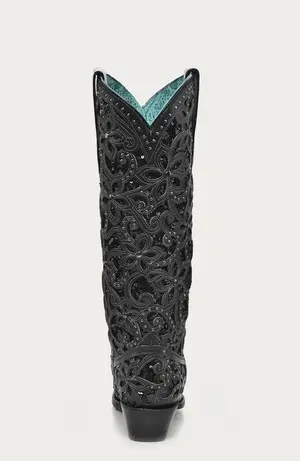 CORRAL Cowhide Embroidered Inlay Studded Snip Toe Tall Boots