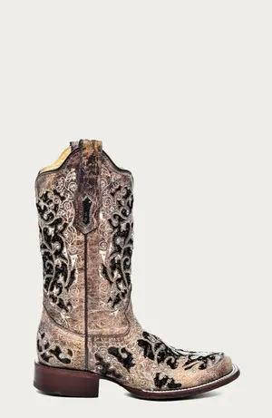 CORRAL Cowhide Crystal Accent Studded Floral Detail Square Toe Western Boots