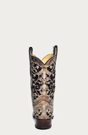 CORRAL Cowhide Crystal Accent Studded Floral Detail Square Toe Western Boots
