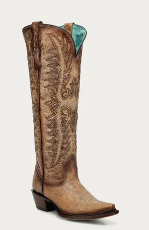 CORRAL Embroidered Cowhide Snip Toe Tall Boots - Sand