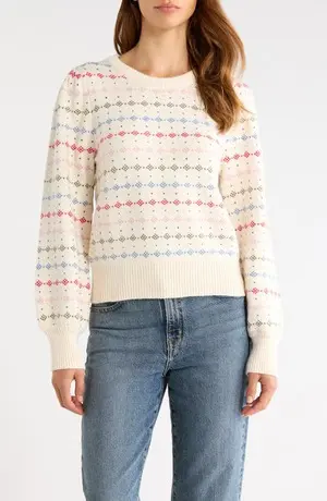 Marine Layer Alma Puff Sleeve Cotton Blend Sweater - Ivory Multi