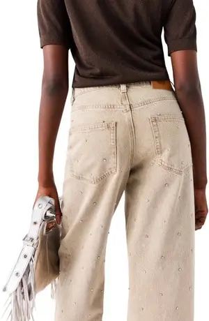 Maje Wide-leg Rhinestone Jeans - Beige