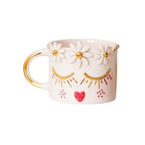 ANATOLIACRAFT Handmade Golden Blossoms Ceramic Mug – Floral Crown & Shimmering Gold Accents - Red