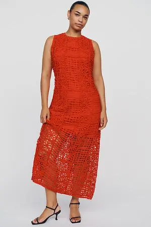 English Factory Eyelet Lace Midi Dress - Red