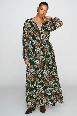 THE SOMERSET COLLECTION BY ANTHROPOLOGIE Somerset Chiffon Long Sleeve Maxi Dress - Green Pattern