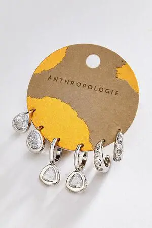 Anthropologie Bezel Crystal Earrgs, Set Of 3 Silver