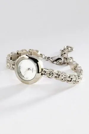 Anthropologie Round Pavé Bracelet Watch Silver