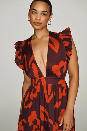DE LORETA Ruffle Maxi Dress - Red Pattern
