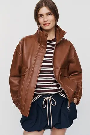 Maeve Leather Funnel Neck Jacket - Copper