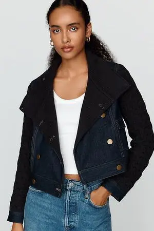 PILCRO Denim & Sweater Knit Cardigan - Navy