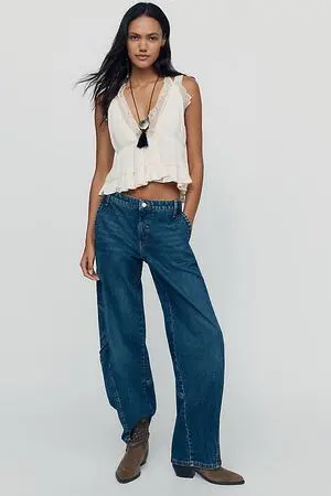 PILCRO Kaye Mid Rise Barrel Leg Jeans Dark Denim