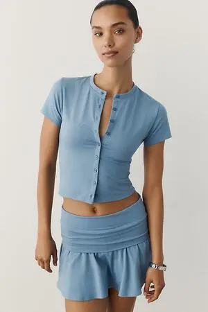 L*Space Delilah Short-sleeve Cardigan Sweater - Chambray
