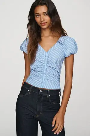 Maeve Ruched Short Sleeve Buttondown Shirt - Blue Stripe