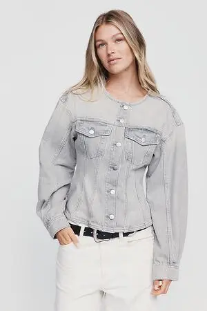 PILCRO 100% Cotton Collarless Peplum Jacket - Light Grey