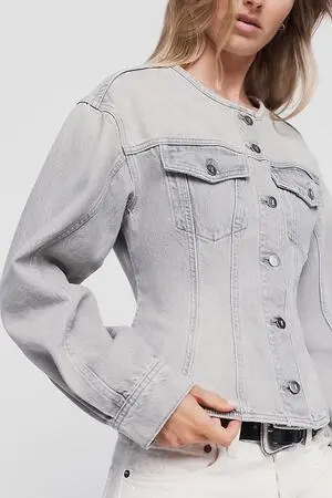 PILCRO 100% Cotton Collarless Peplum Jacket