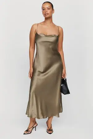 Anthropologie 100% Silk Midi Dress Olive