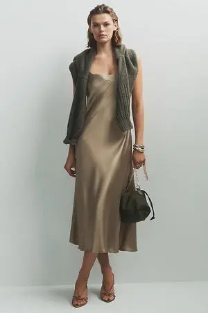Anthropologie 100% Silk Midi Dress - Olive