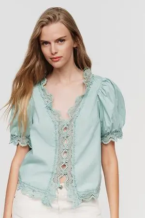 Anthropologie 100% Cotton Lace Detail Blouse Mint