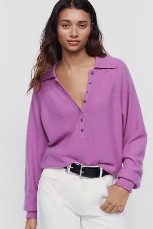PILCRO 100% Cashmere Henley Sweater - Violet