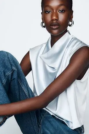 Anthropologie Opal Stretch Silk Cowl Neck Top - Light Blue