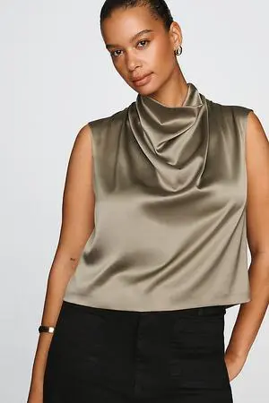 Anthropologie Opal Stretch Silk Cowl Neck Top - Olive