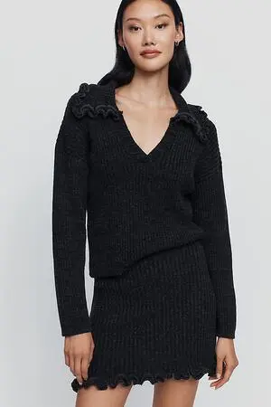 Maeve Cotton Wool Ribbed & Ruffled Knit Mi Skirt - Black