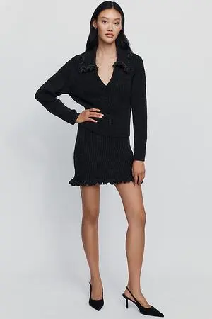 Maeve Cotton Wool Ribbed & Ruffled Knit Mi Skirt - Black