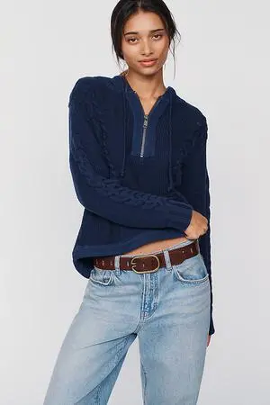 PILCRO 100% Cotton Cable-knit Hoodie - Navy