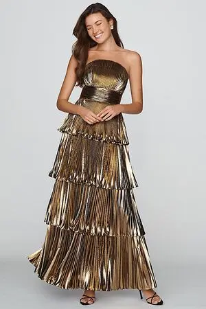 Mac Duggal Strapless Tiered Maxi Gown - Gold
