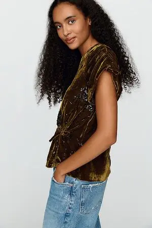 SAMDI Bette Velvet Beaded Top - Moss