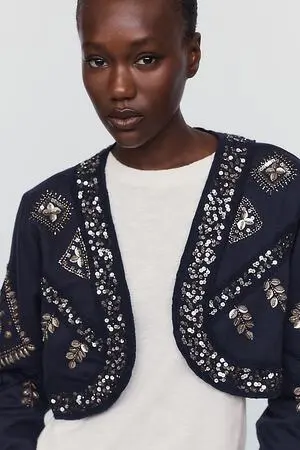 Anthropologie Beaded Shrug Top - Blue Pattern