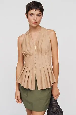 Maeve Viki Corduroy Zip-front Peplum Top Tan