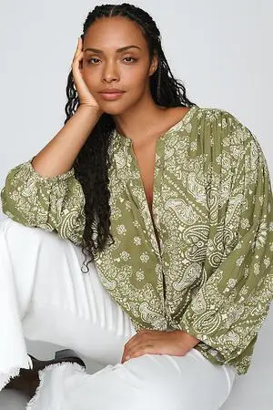 PILCRO Sidney 100% Cotton Batwg Blouse Green Pattern