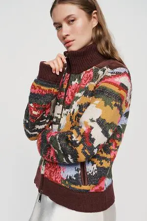 PILCRO Cotton Wool Blend Zip Up Sweater - Brown Pattern