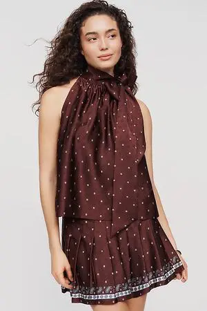 Maeve Silken Scarf Neck Top - Brown Pattern