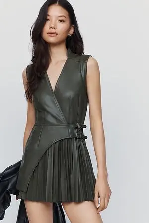 Anthropologie Faux Leather Wrap Romper - Olive