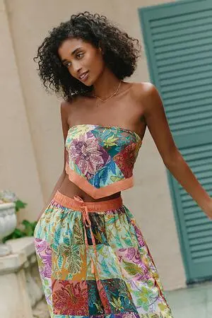 CELANDINE Strapless Scarf Top - Green Pattern