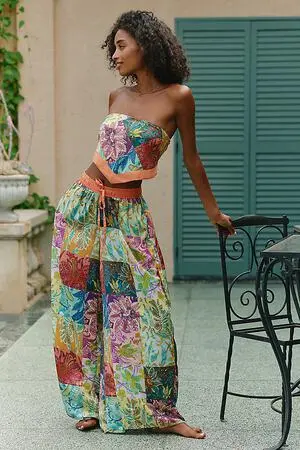 CELANDINE Scarf Wide-leg Pants - Green Pattern