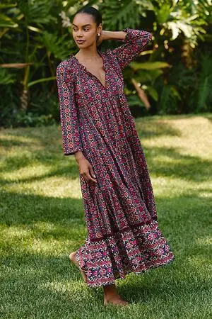 RO'S GARDEN Sonia 100% Cotton Maxi Dress - Pink Pattern