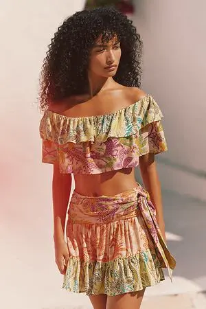 CELANDINE Off-shoulder Ruffled Top - Orange Pattern