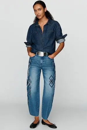 DRIFTWOOD Parker High Rise Barrel Jeans - Argyle Patchwork