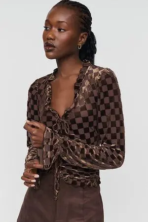 Anthropologie Checkered Flocked Cardigan Top - Brown Pattern