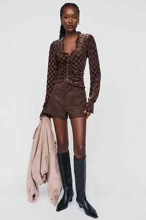 Anthropologie Checkered Flocked Cardigan Top - Brown Pattern