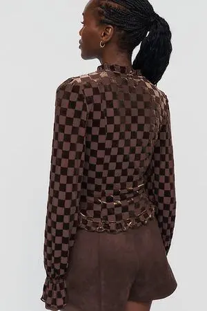Anthropologie Checkered Flocked Cardigan Top - Brown Pattern