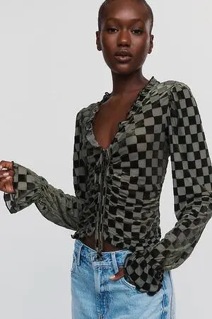 Anthropologie Checkered Flocked Cardigan Top Green Pattern