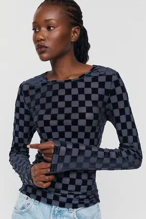 Anthropologie Long Sleeve Checkered Top - Black Pattern
