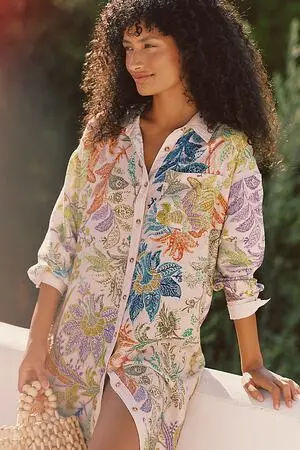 CELANDINE Sheer Longle Buttondown Shirt - Green Pattern