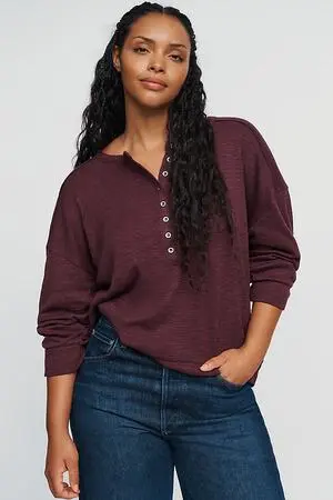 PILCRO 100% Cotton Slub Henley Top - Chocolate